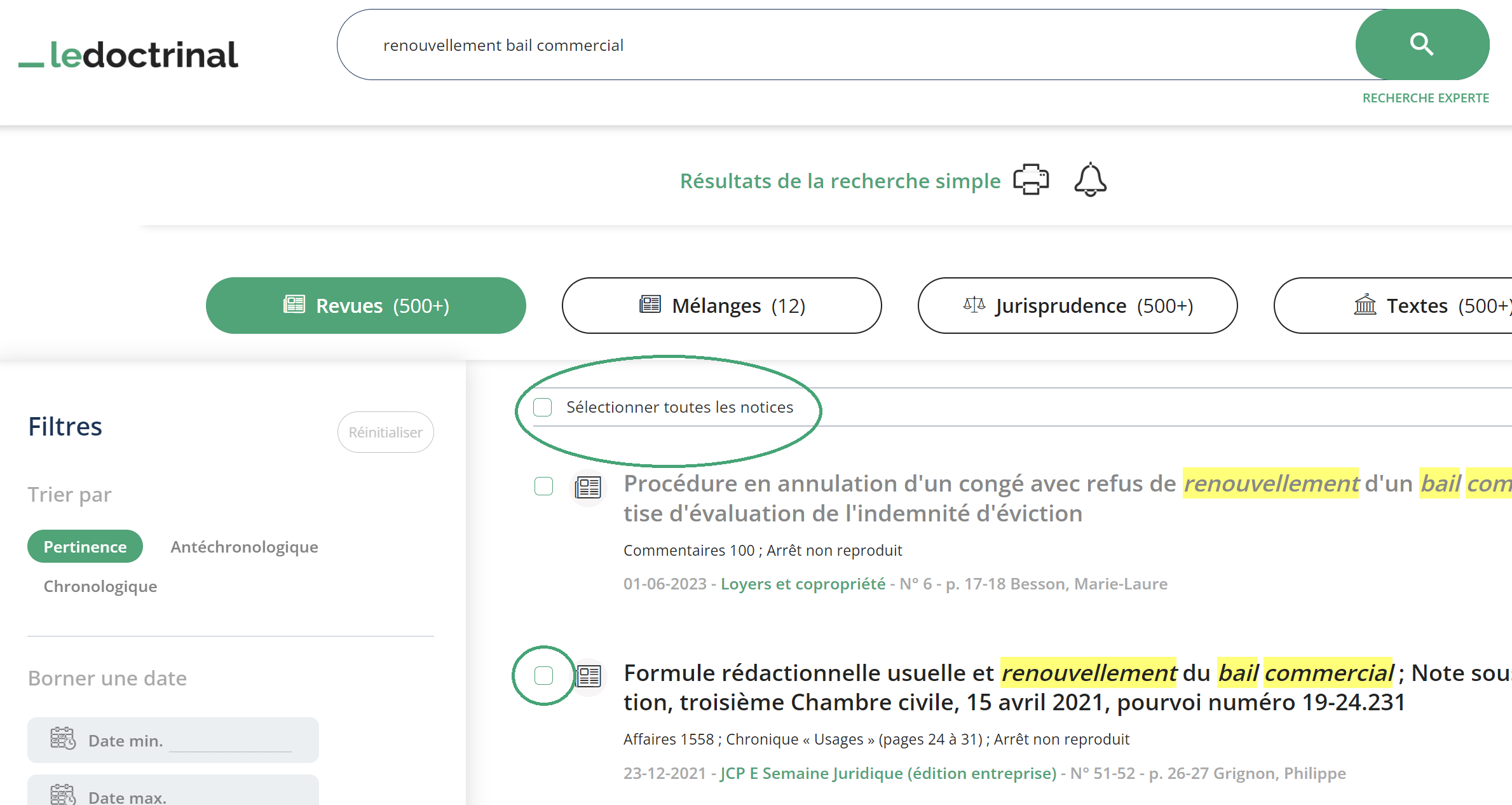 La liste de résultats – Le Doctrinal
